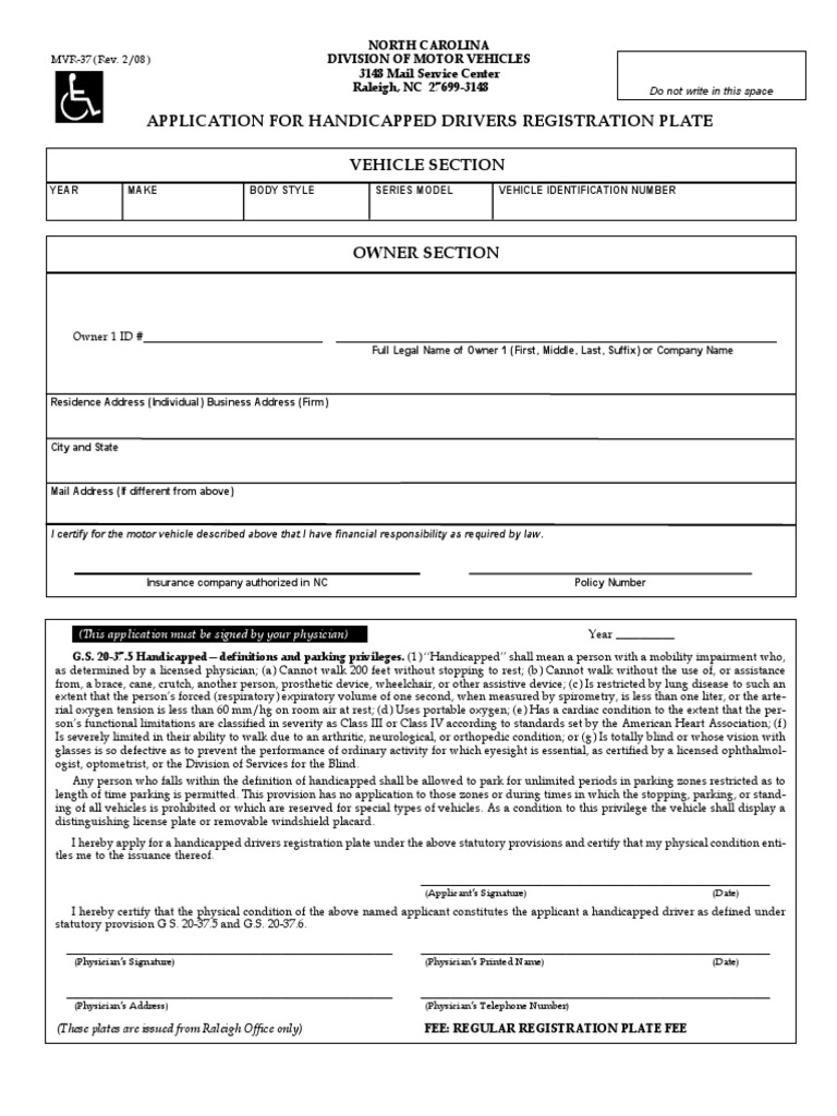 NC Handicapped Driver Plate Application | PDF | Department Of Motor ...