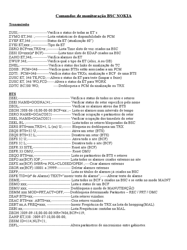 Comandos de Monitoração BSC NOKIA | PDF | Transmissão de dados ...