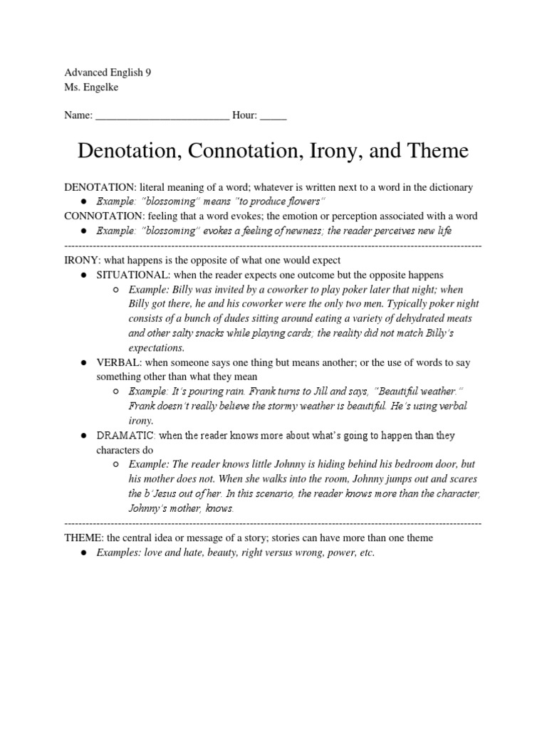 Denotation, Connotation, Irony, and Theme | PDF | Language Arts ...