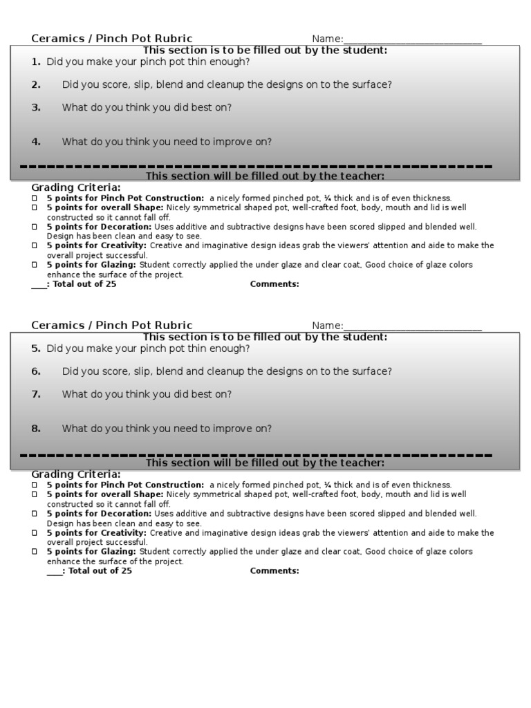 Pinch Pot Vase Self Assessment Rubric | PDF | Career & Growth | Art