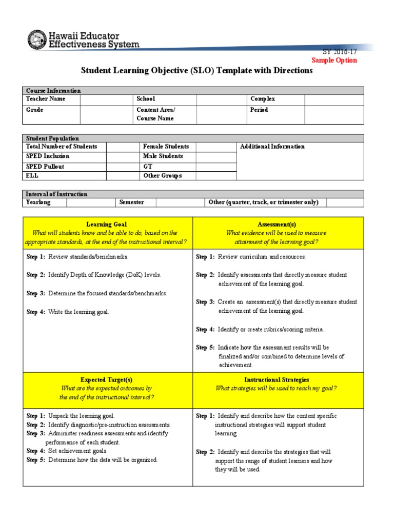 Student Learning Objective (SLO) Template With Directions: Sample ...