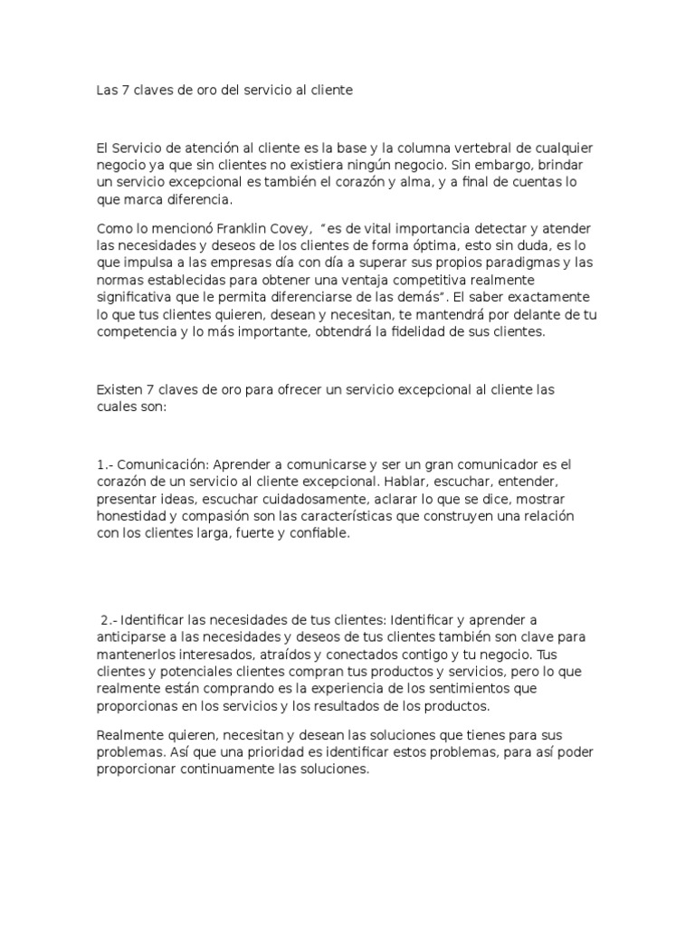 Las 7 claves esenciales para ofrecer un servicio excepcional al cliente | PDF | Servicio al ...