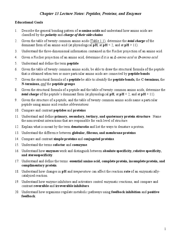 Lecture Notes Ch13 Peptides Proteins, and Enzymes Current | PDF ...