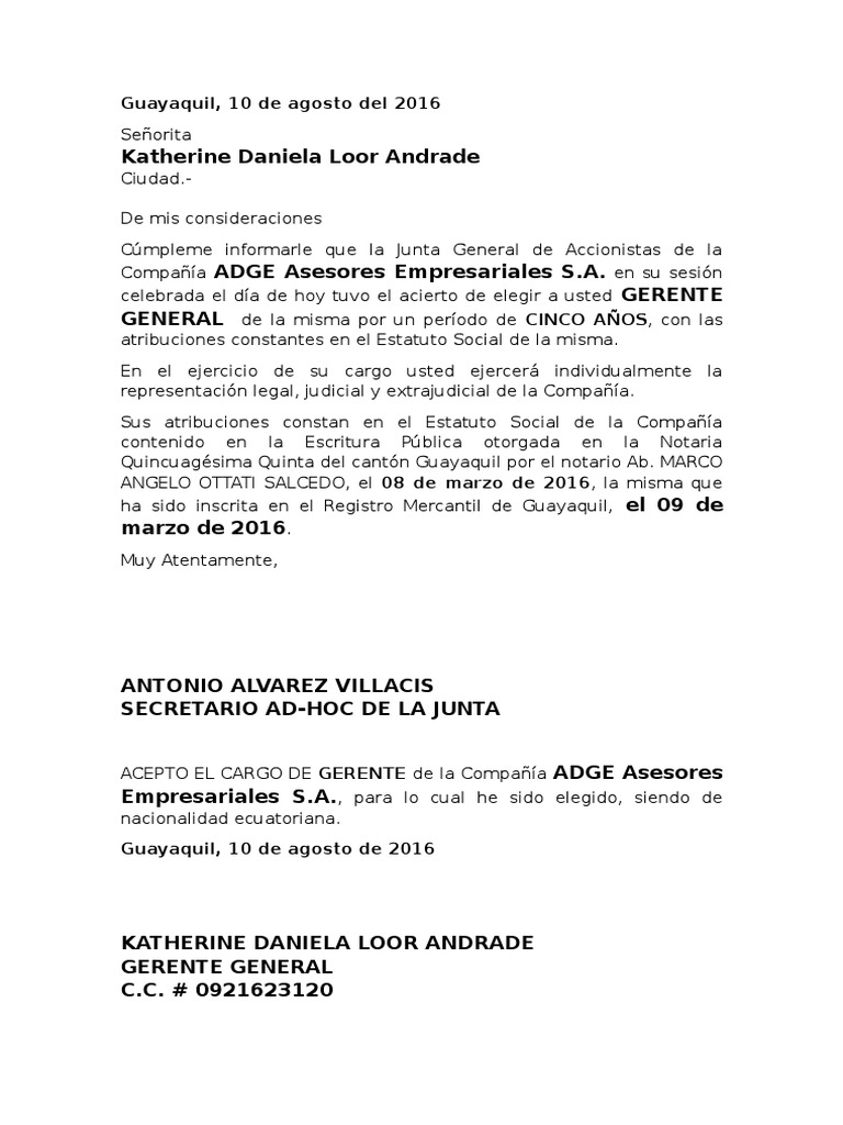 MODELO DE Nombramiento DE GERENTE | PDF | Información del gobierno | Gobierno