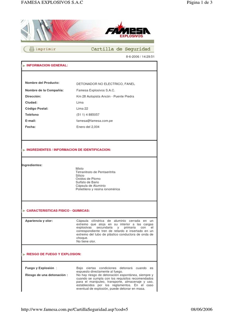 Detonador No Eléctrico Fanel de Famesa | PDF | Material explosivo ...