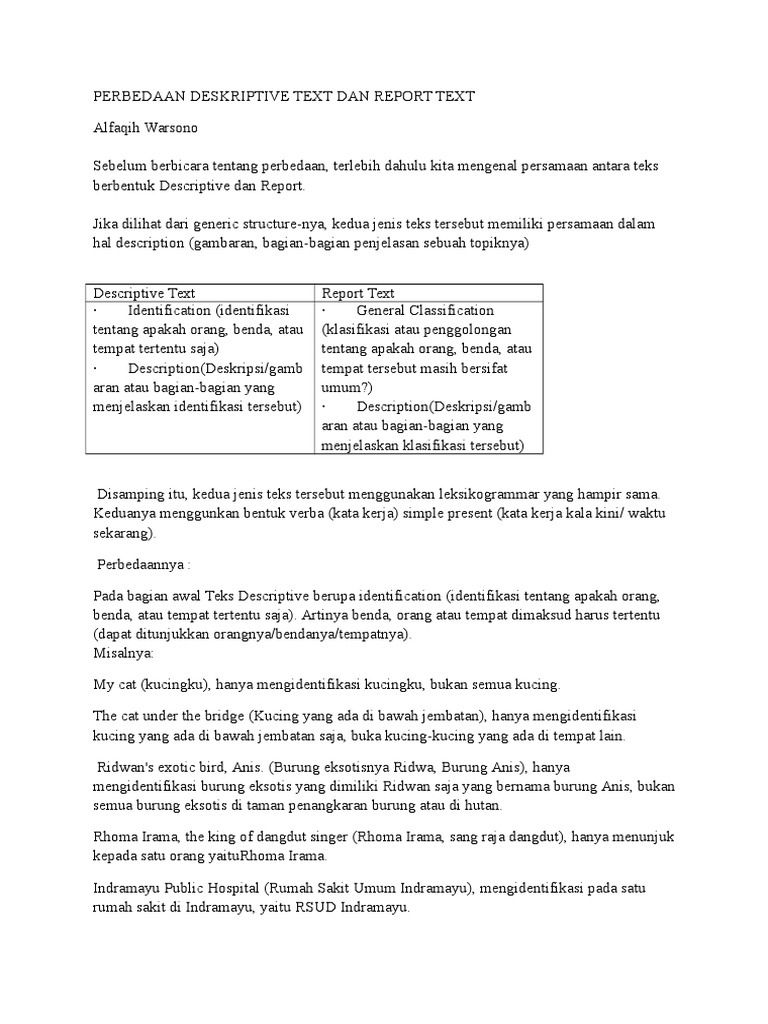 Perbedaan Deskriptive Text Dan Report Text | PDF