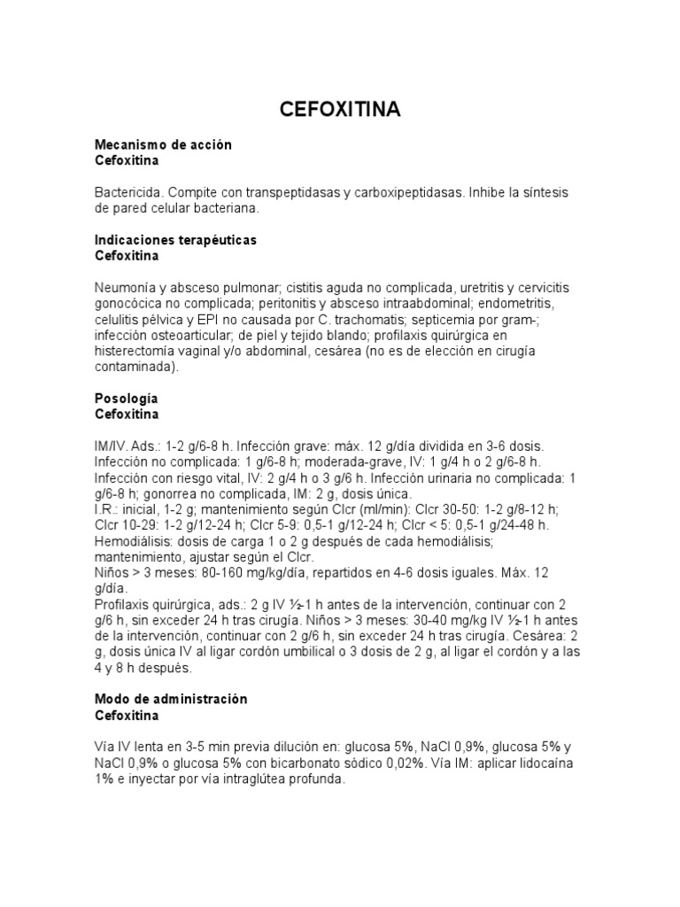 Cefoxitina: Indicaciones y Posología | PDF | Inmunología | Rtt
