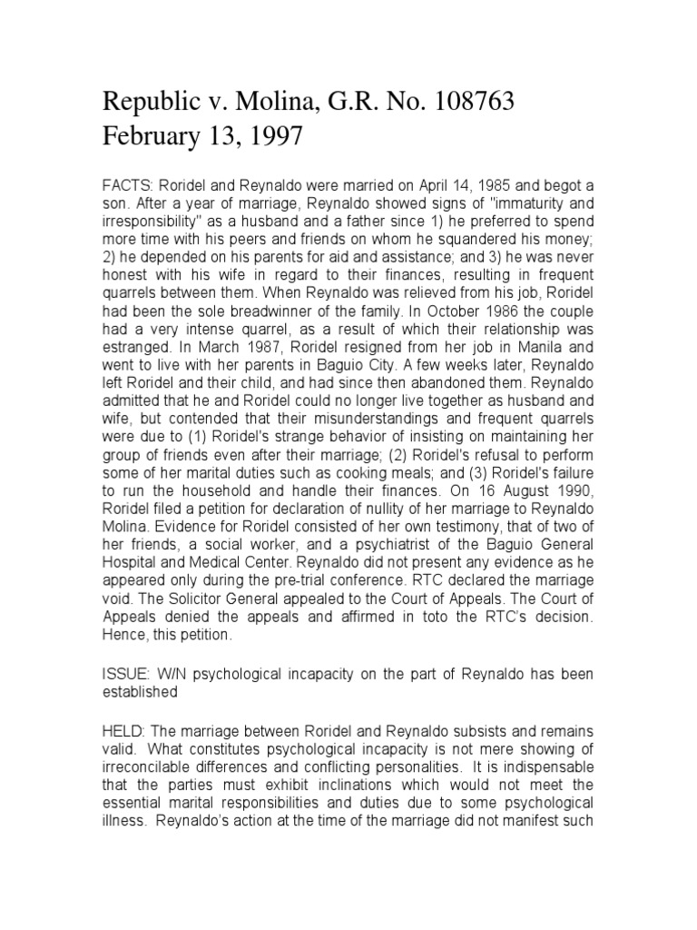 Republic v. Molina, G.R. No. 108763 February 13, 1997 | PDF | Burden Of ...