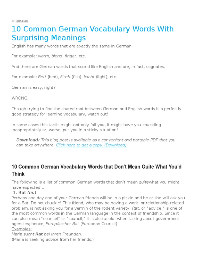 10 Common German Vocabulary Words With Surprising Meanings | Download ...