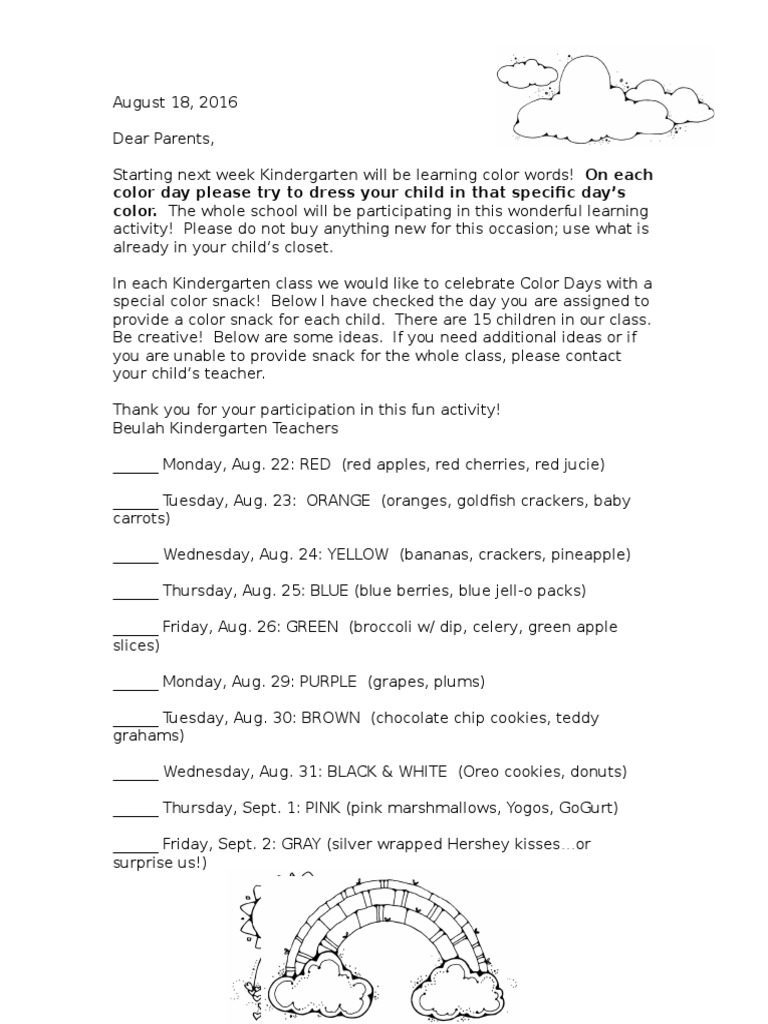 Kindergarten Color Days Schedule | PDF | Cooking, Food & Wine