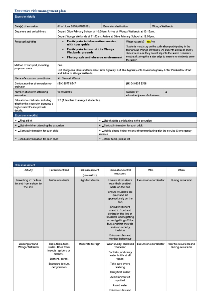 Excursion Risk Management Plan | PDF | Safety | Transport