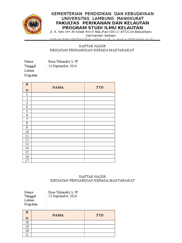 Daftar Hadir Kegiatan PKM | PDF