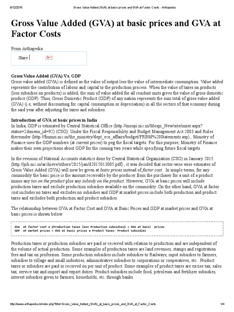 Gross Value Added (GVA) at Basic Prices and GVA at Factor Costs - Arthapedia | PDF | Value Added ...