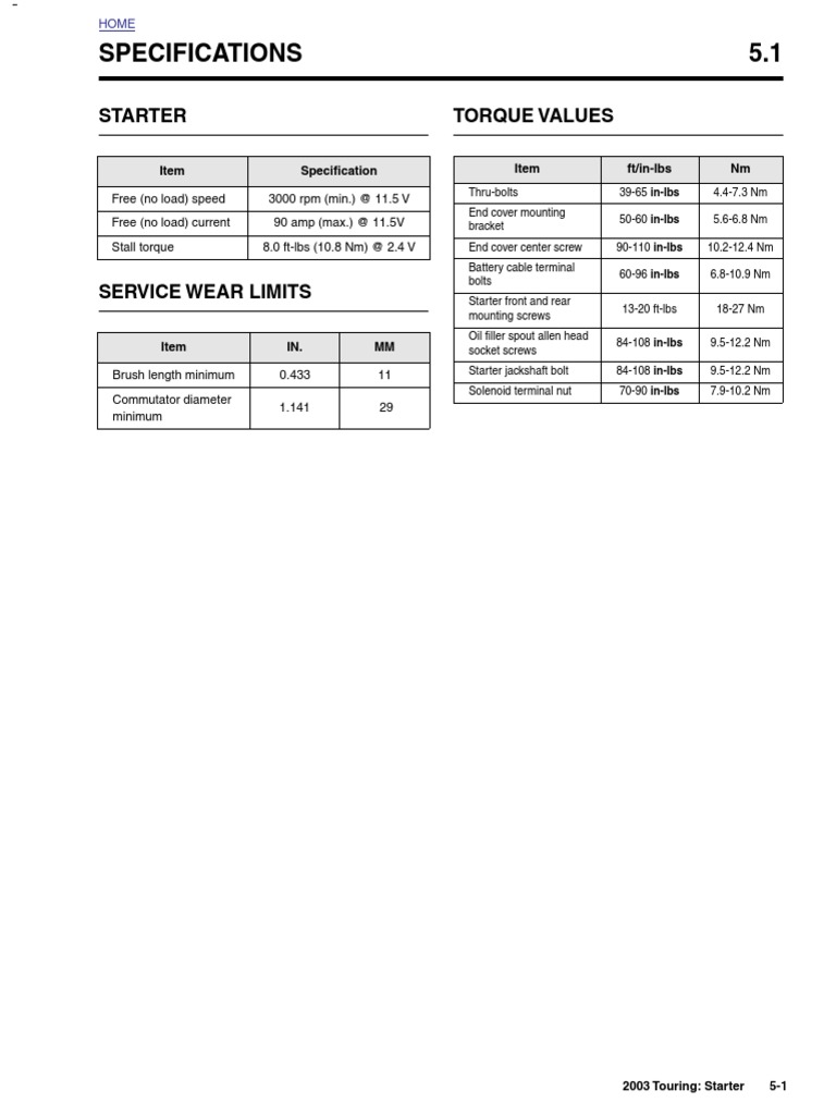 Specifications 5.1: Starter Torque Values | PDF | Screw | Electrical ...