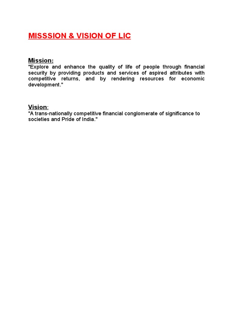 Misssion & Vision of Lic: Mission | PDF | Finance & Money Management