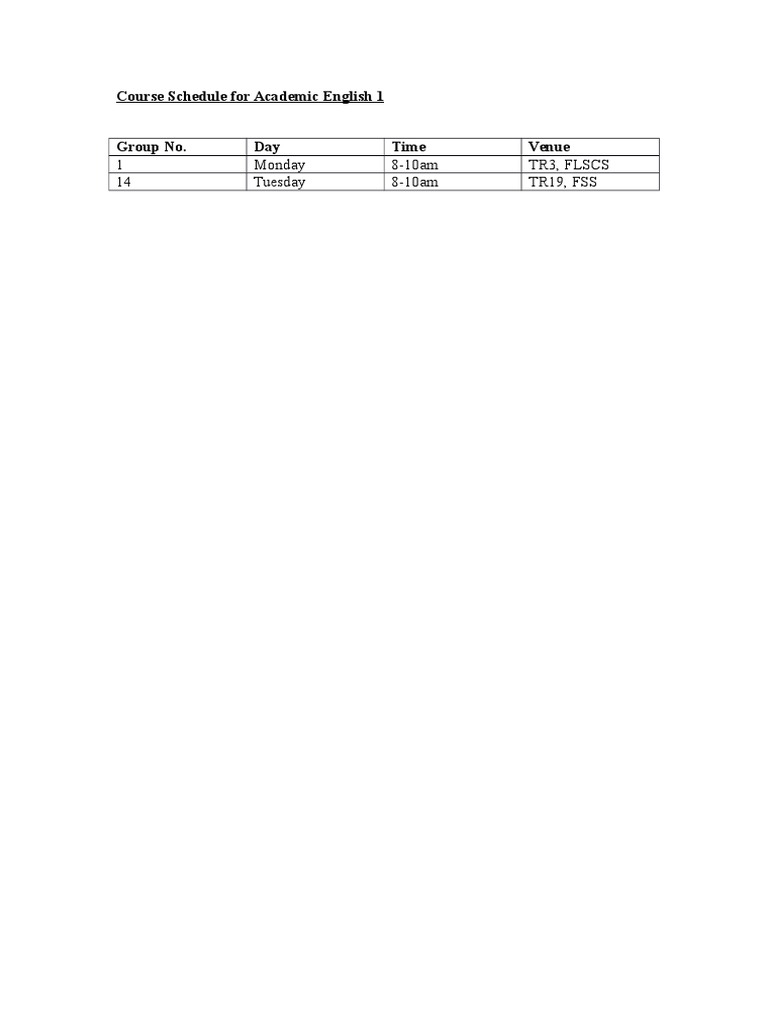 1 Monday 8-10am Tr3, Flscs 14 Tuesday 8-10am TR19, FSS: Course Schedule ...