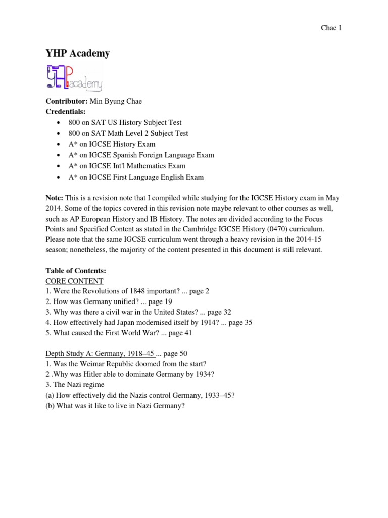 IGCSE History Revision Notes | PDF | Otto Von Bismarck | Prussia