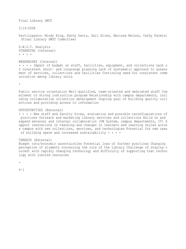 Library SWOT Analysis Summary | PDF | Libraries | Librarian