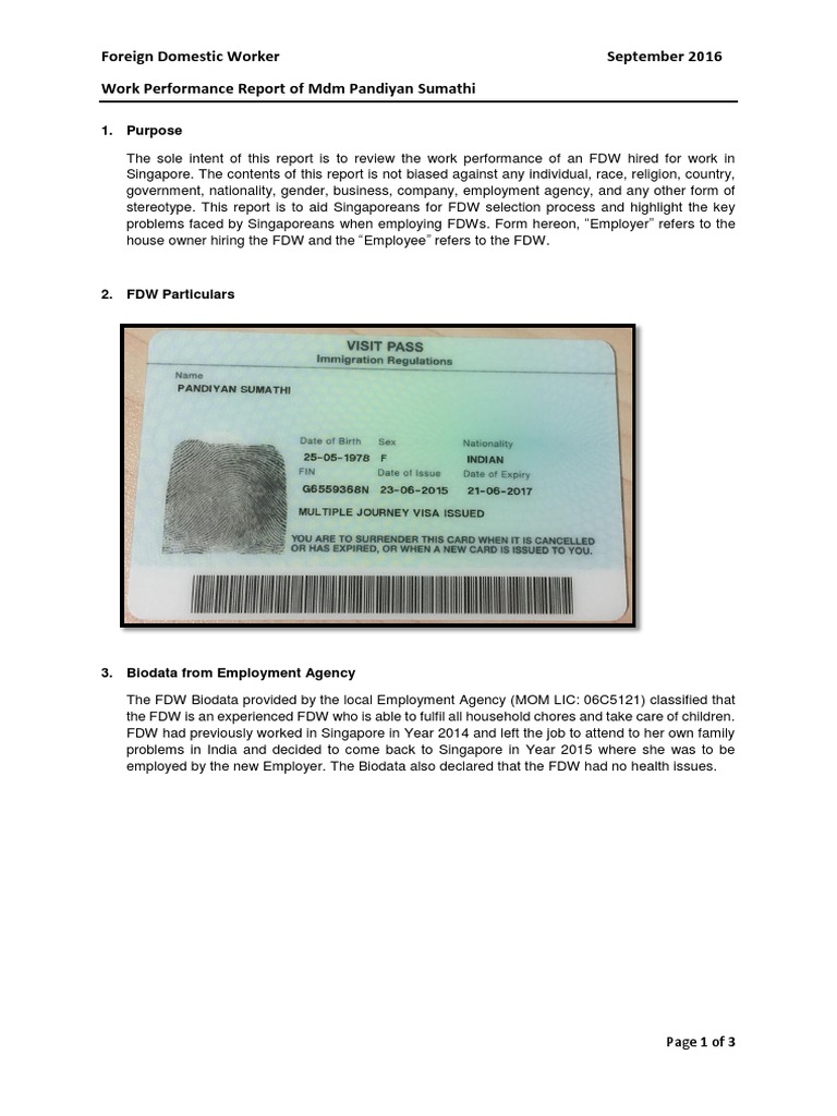Work Performance Report of FDW Pandiyan Sumathi (Singapore) | PDF | Singapore | World Politics