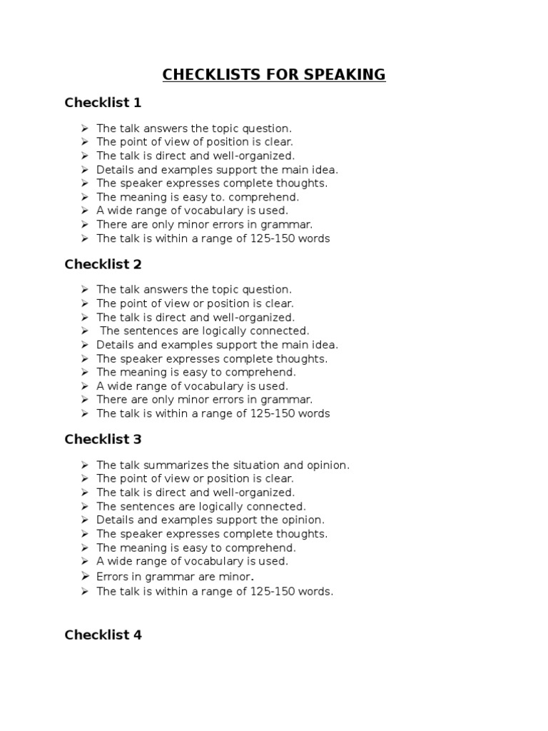 English Speaking and Writing Checklists | PDF | Essays | Vocabulary