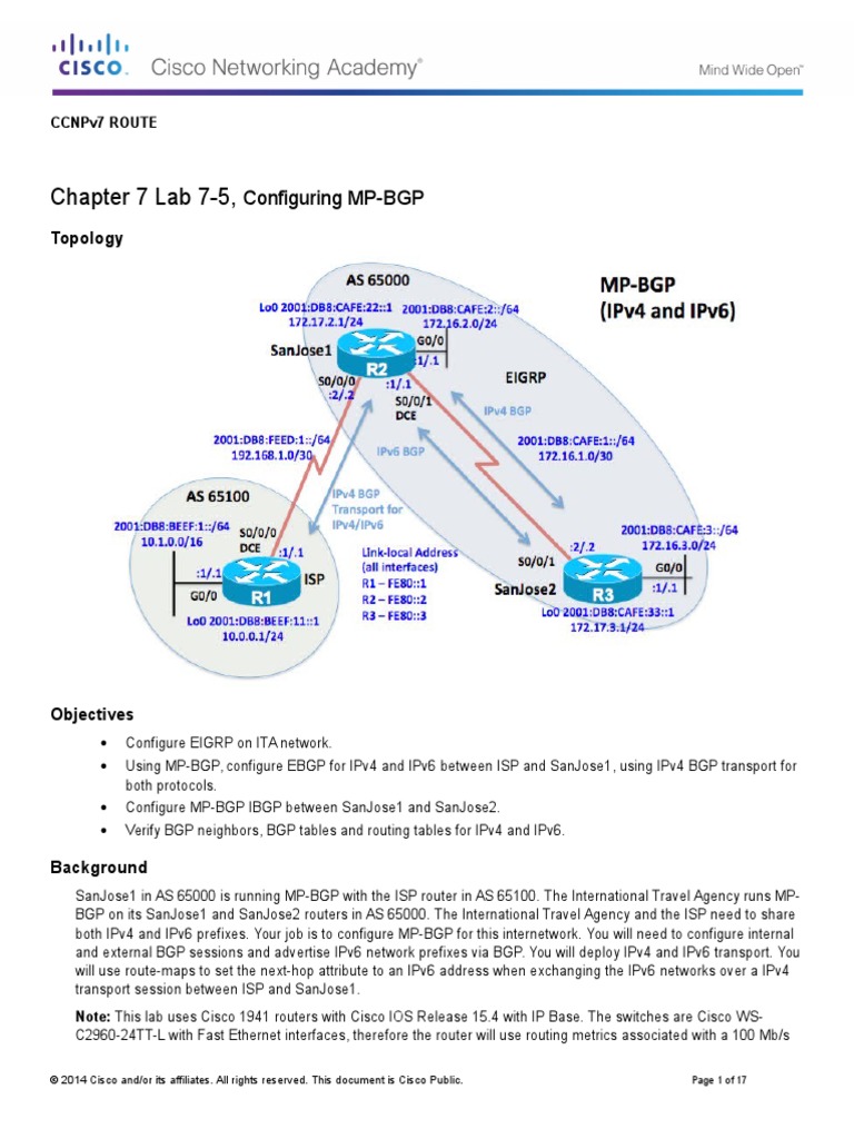Ccnpv7 Route Lab7-5 MP-BGP Student | PDF | I Pv6 | Router (Computing)