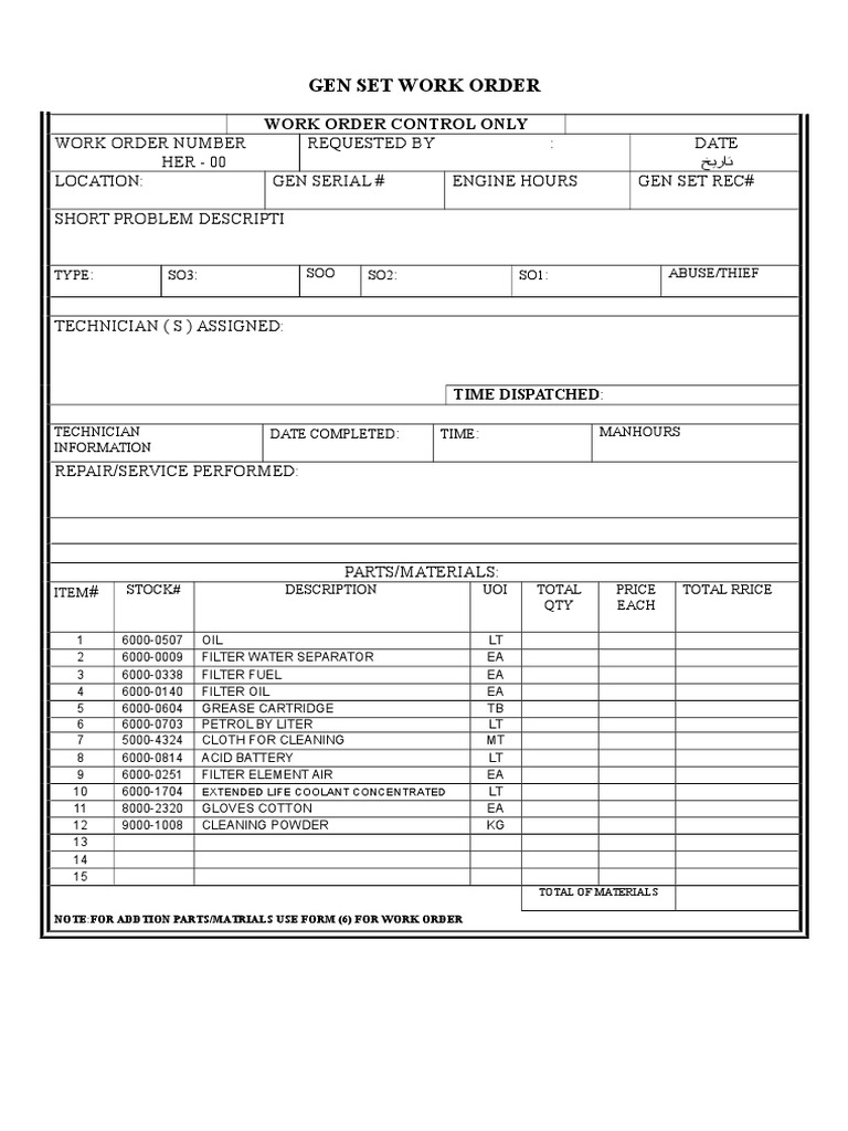 Genset Work Order Form (New) - 2 | PDF