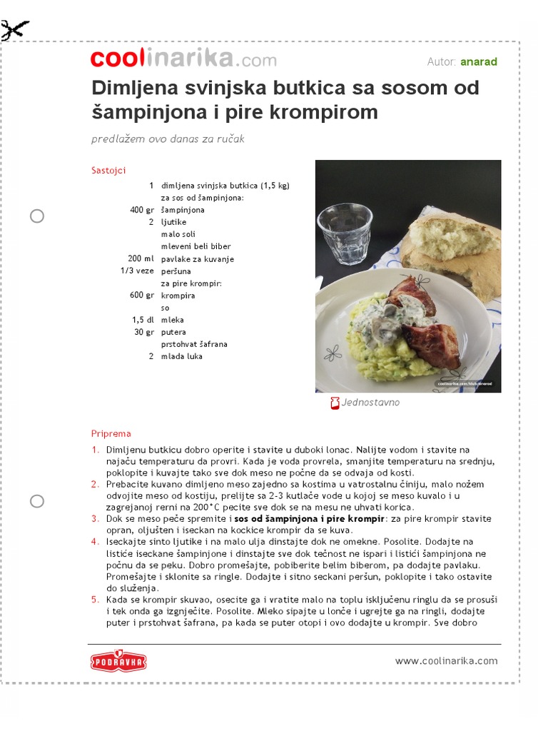 Dimljena Svinjska Butkica Sa Sosom Od Sampinjona I Pire Krompirom | PDF