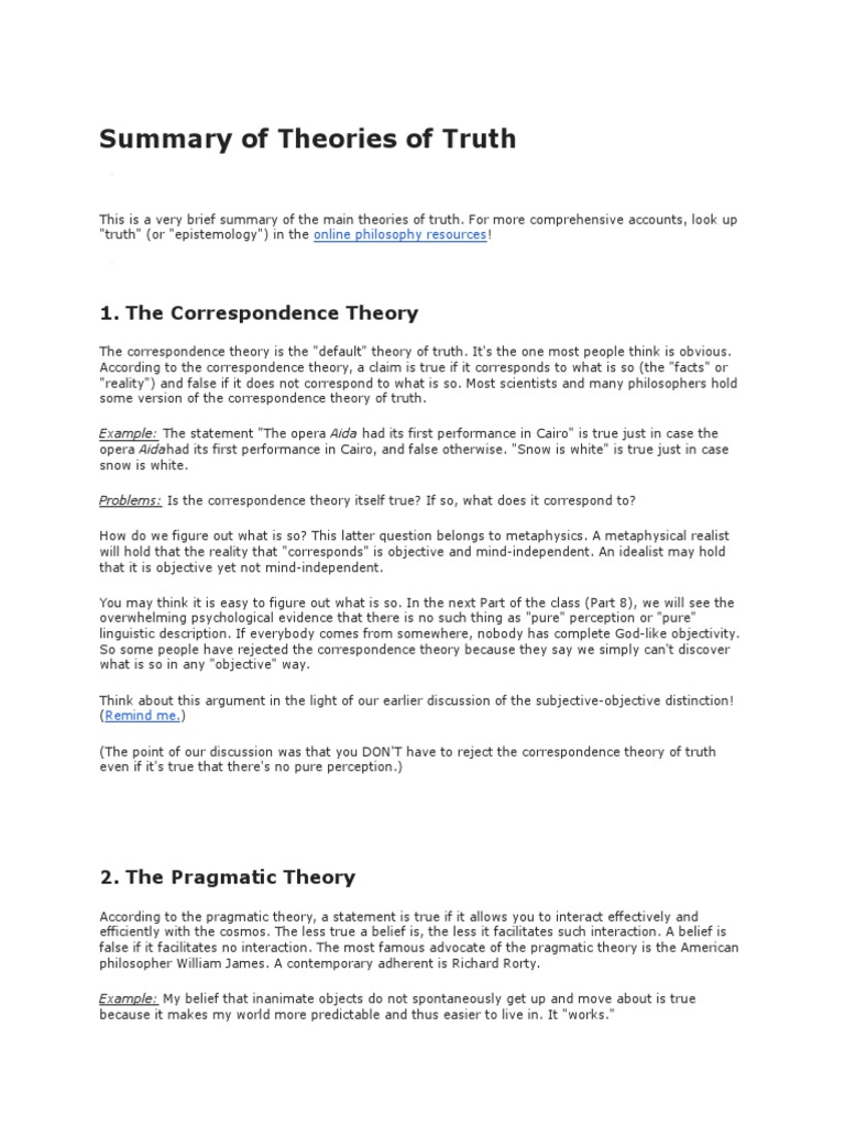 Summary of Theories of Truth | Correspondence Theory Of Truth ...