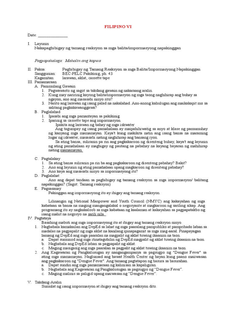 Filipino Lesson Plan Grade VI Quarter 2 | PDF