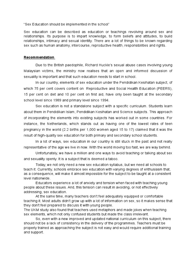 Sex Education Should Be Implemented In The School Recommendation Sex Education