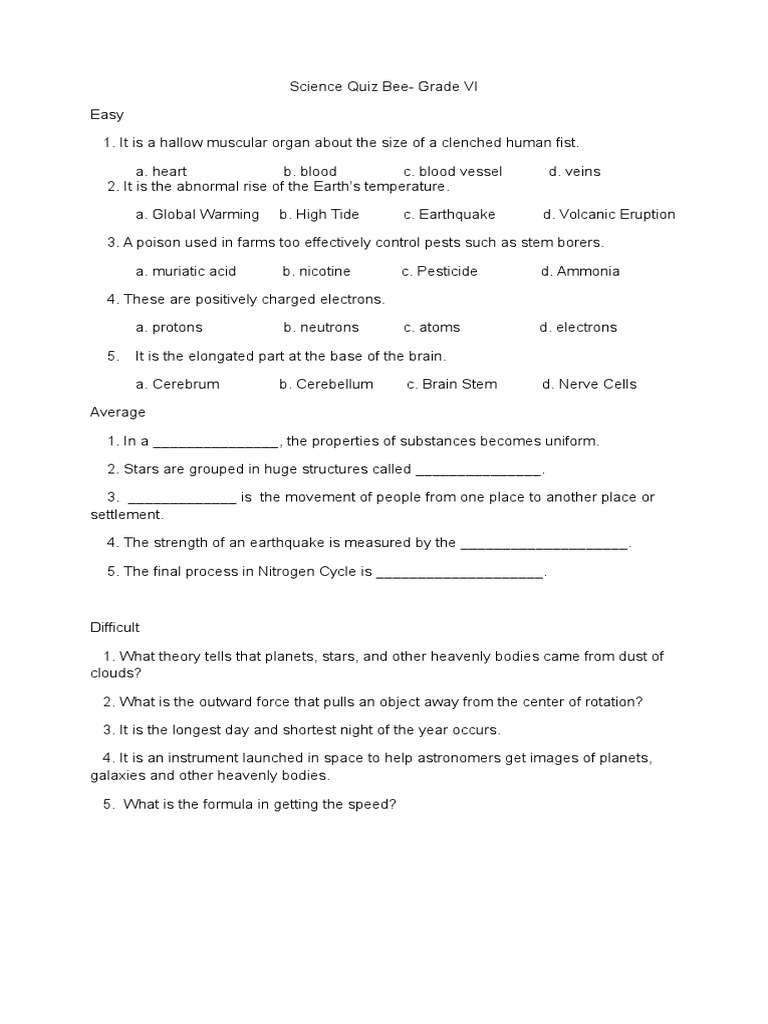 Grade VI Science Quiz Bee Questions | PDF | Wellness