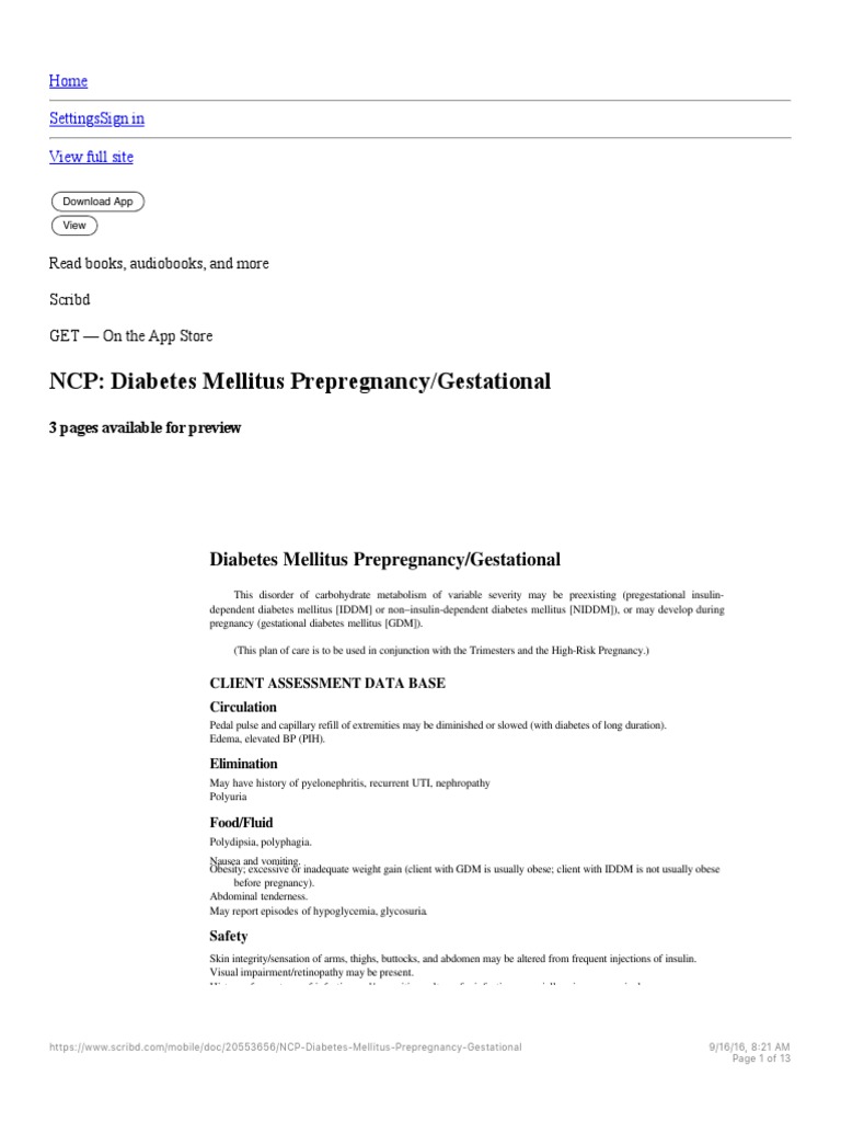 NCP - Diabetes Mellitus Prepregnancy/Gestational | PDF | Gestational ...