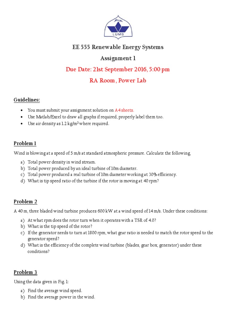 Renewable Energy Systems Assignment 1 | PDF | Wind Power | Turbine