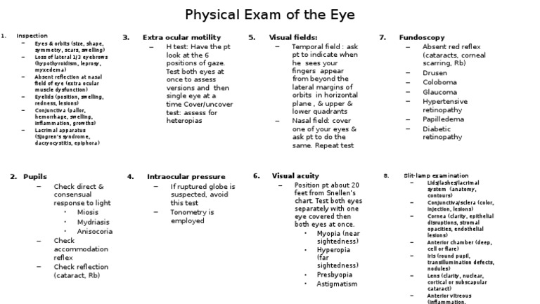 Comprehensive Eye Physical Exam Guide | PDF | Visual System | Senses