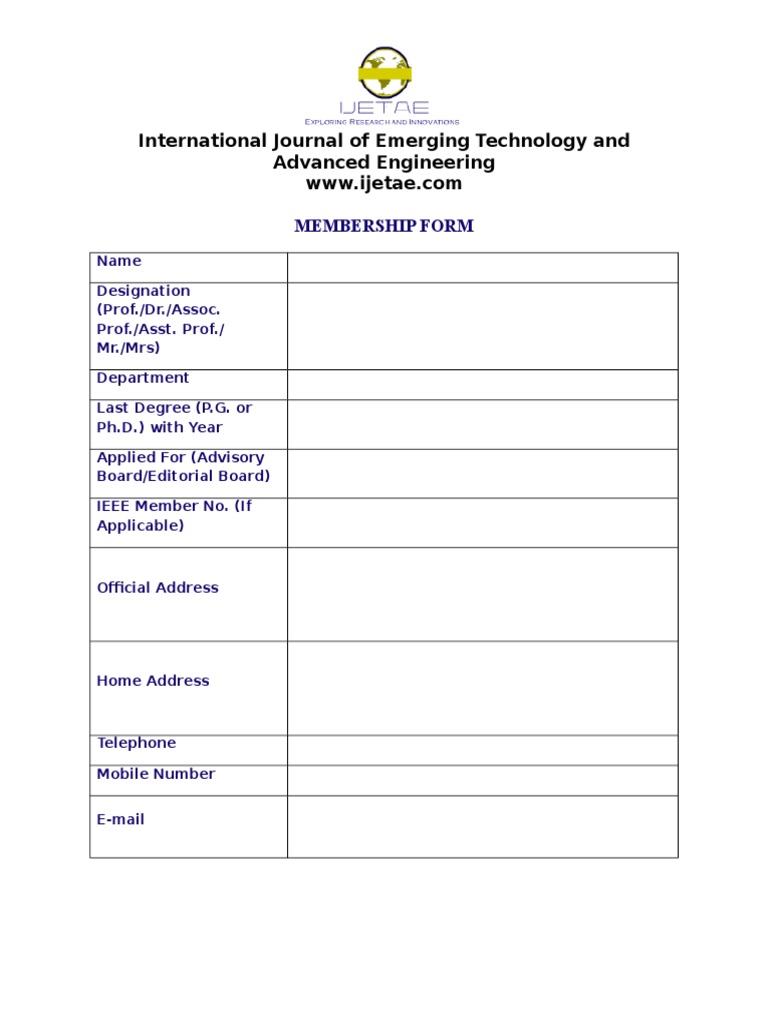 IJETAE Membership Application Form | PDF | Art | Technology & Engineering