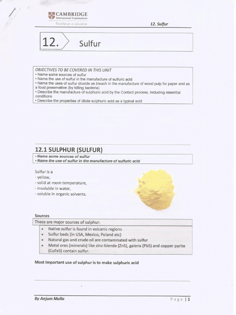 IGCSE Chemistry Sulfur Notes | PDF