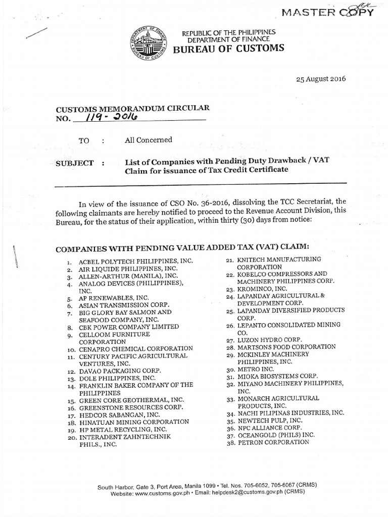 Bureau of Customs Memorandum Circular 119-2016 / companies with pending ...