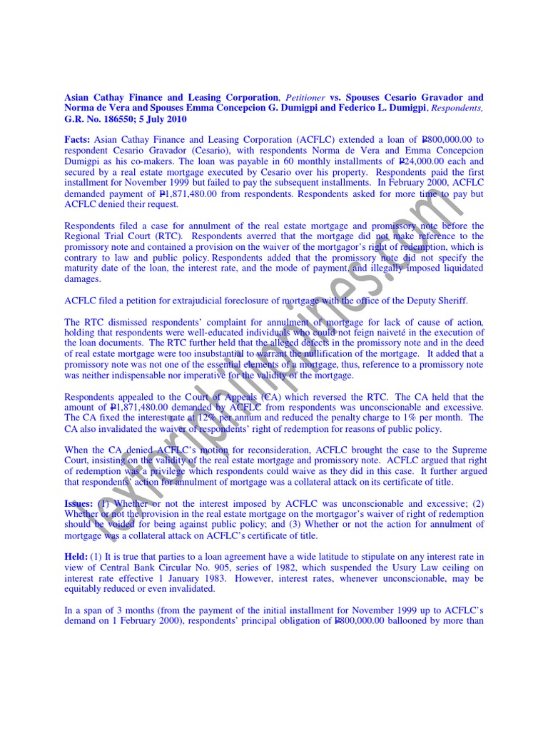 Asian Cathay Finance and Leasing Corp PDF | PDF | Mortgage Law | Interest