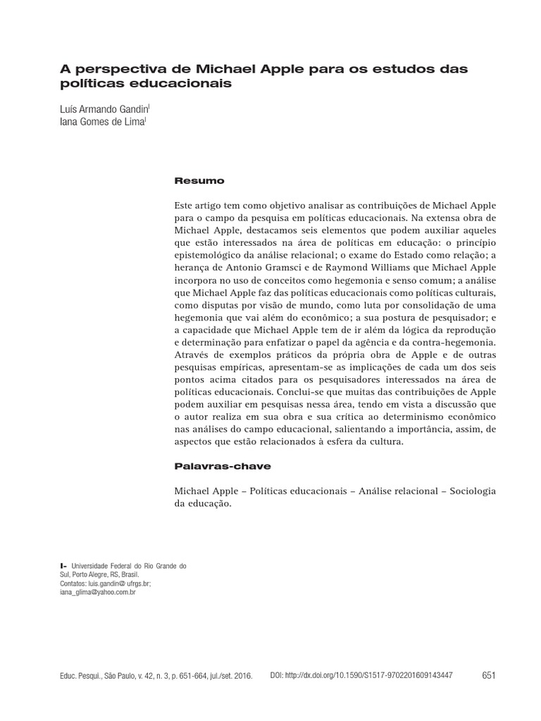 A Perspectiva de Michael Apple para Os Estudos Das Políticas ...