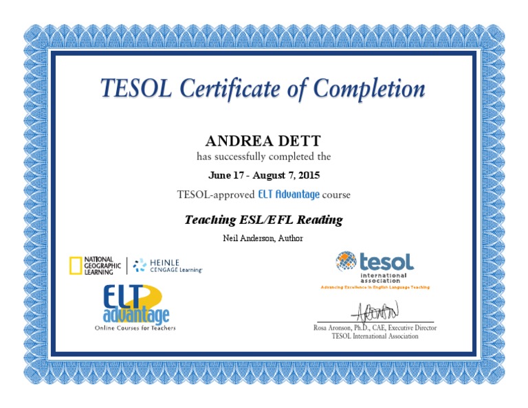 TESOL Certificate of Completion | PDF | English As A Second Or Foreign ...
