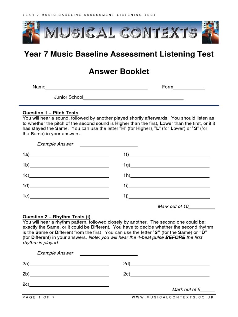 Year 7 Music Baseline Assessment Listening Test Answer Booklet | PDF ...