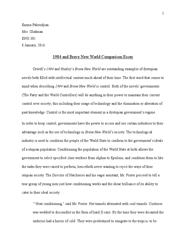 1984 and Brave New World Comparison Essay.docx | Dystopia | Fiction ...