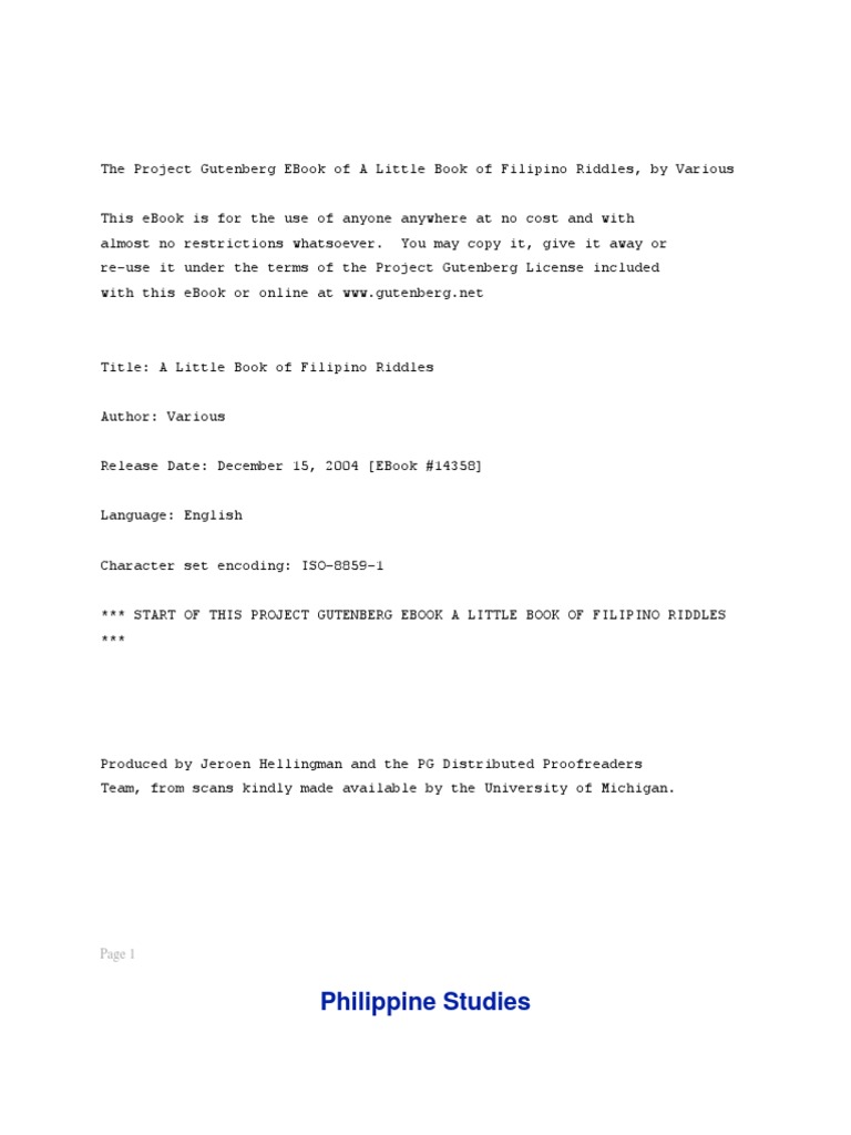 The Project Gutenberg Ebook of A Little Book of Filipino Riddles | PDF ...