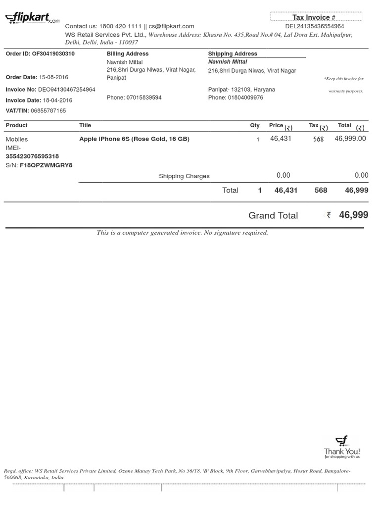 iPhone 6S Purchase Invoice Details | PDF