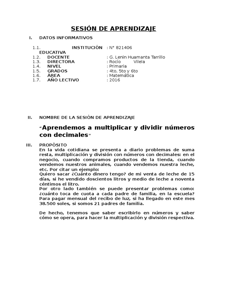 Multiplicación y División de Decimales | PDF | División (Matemáticas ...
