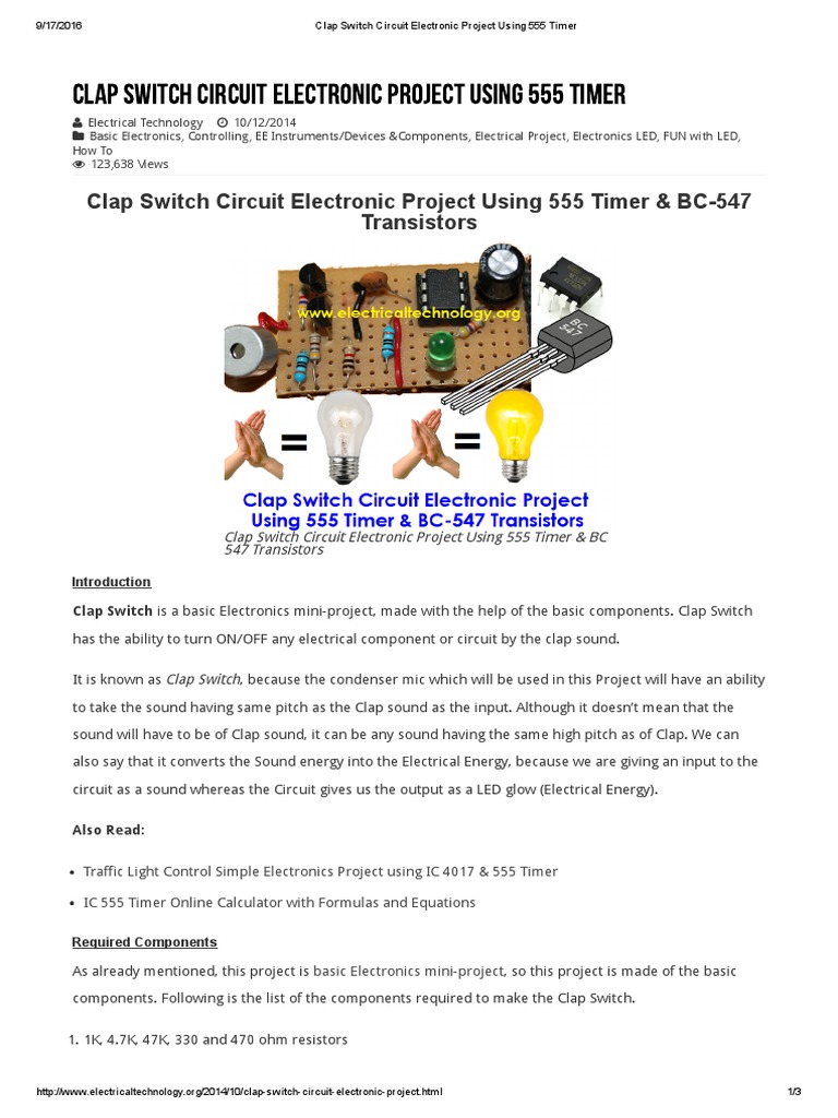 Clap Switch Circuit Electronic Project Using 555 Timer | PDF ...