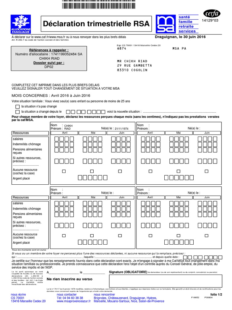 Déclaration de Ressources Servant Au Calcul de Votre RSA-29 Juin 2016 ...