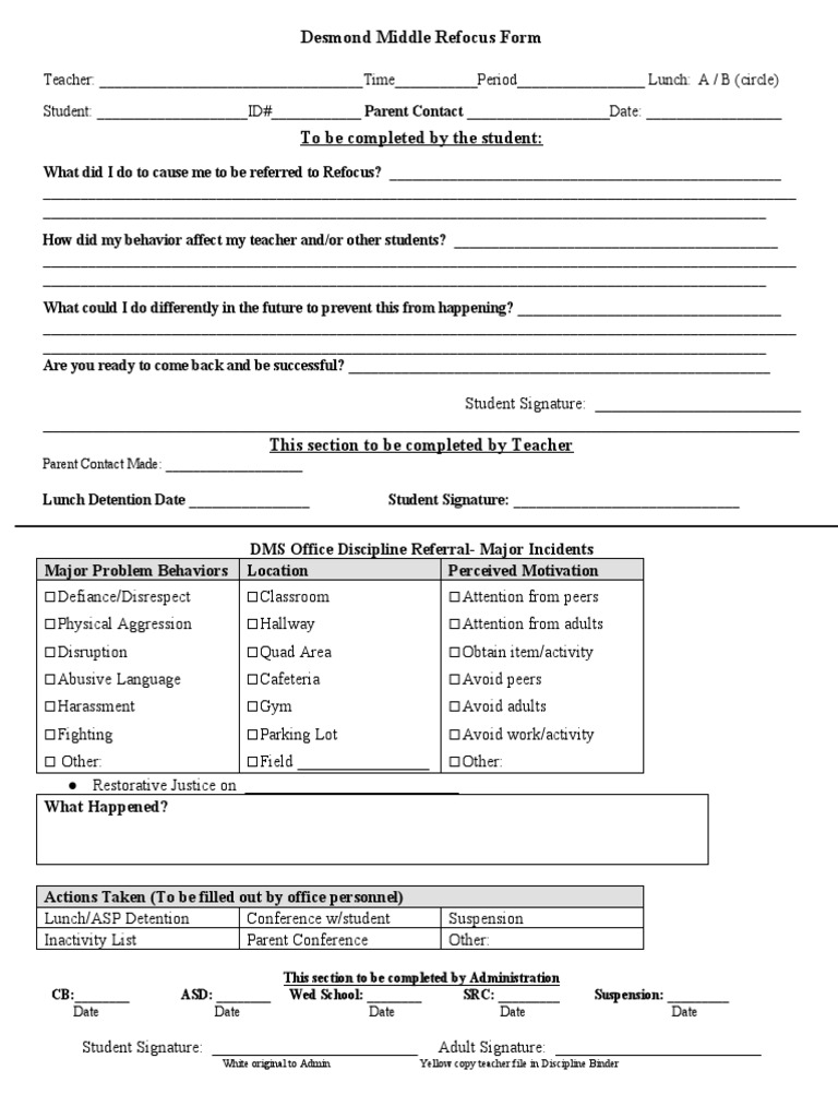 Desmond Middle Refocus Form | PDF