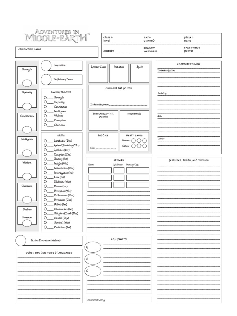 Fillable D&D Character Sheet Template | PDF | Leisure Activities | Role ...