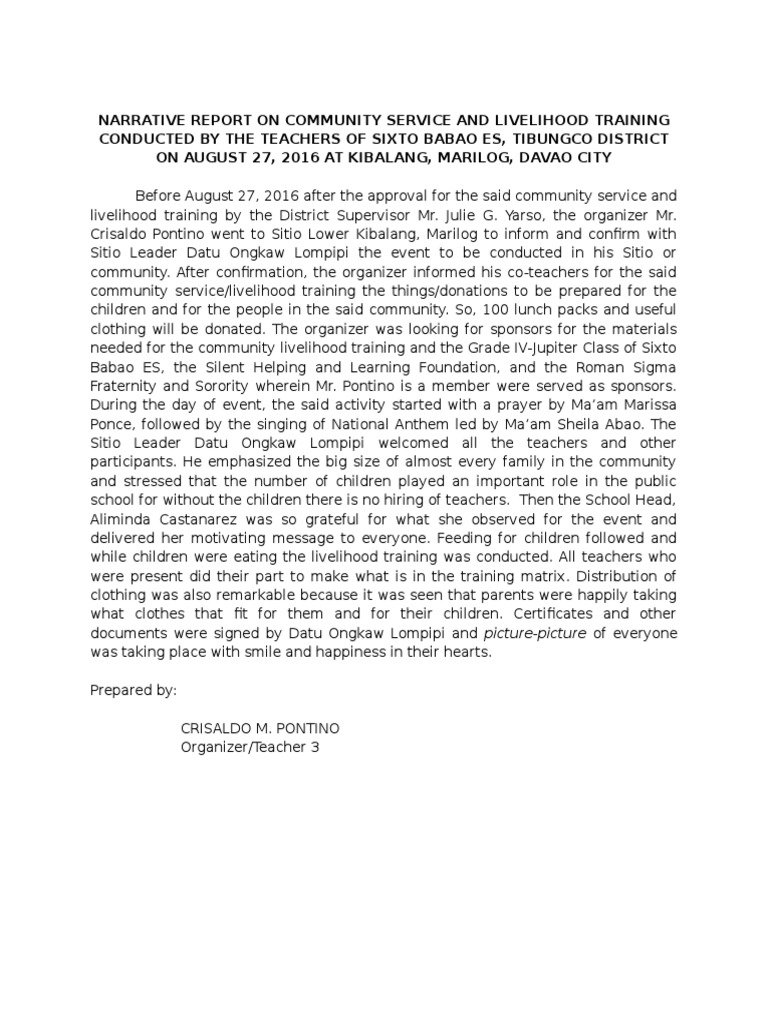 Narrative Report On Community Service and Livelihood Training | PDF